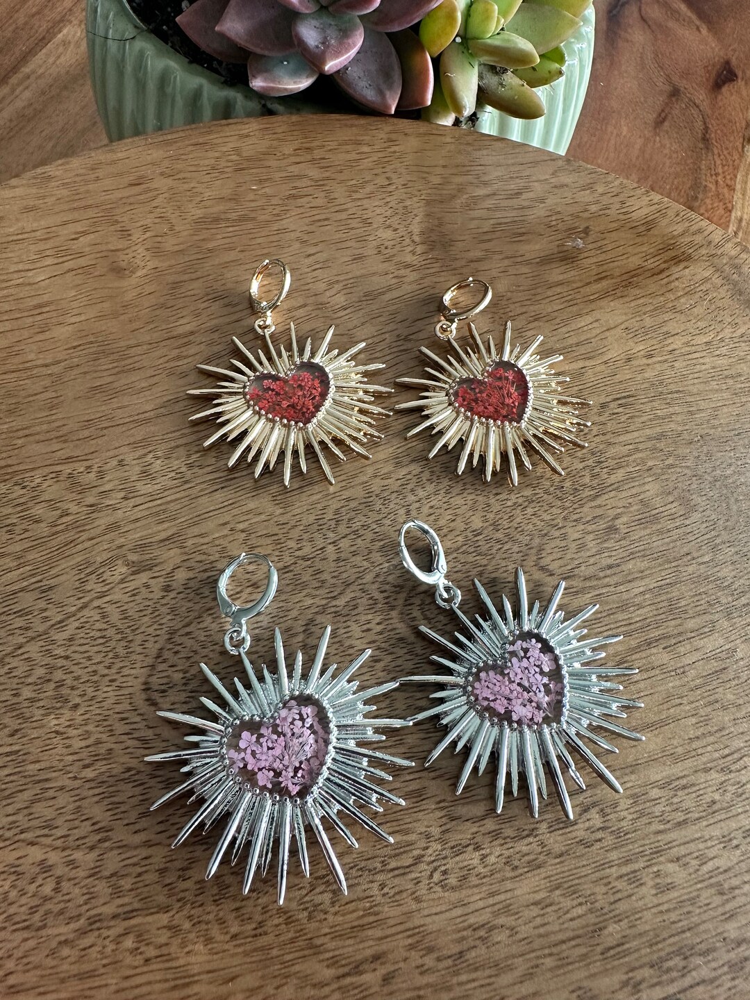 Floral Heart Earrings, Spikey Heart, Valentine’s Day, Pressed Flower ...