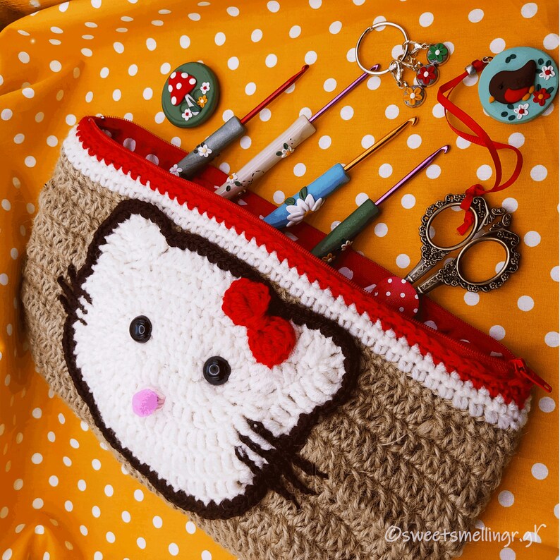 Crochet Pouch With Kitty Face Applique Cute Zipper Pouch - Etsy