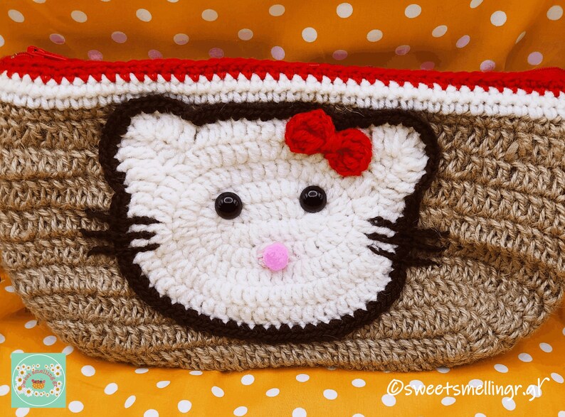 Crochet Pouch With Kitty Face Applique Cute Zipper Pouch - Etsy
