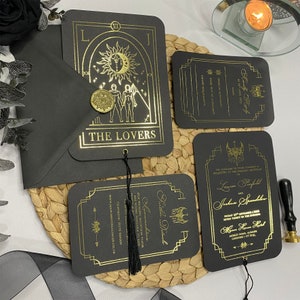 Wedding Invitation the Lovers Tarot Card Invite, Black, Gold Foil ...