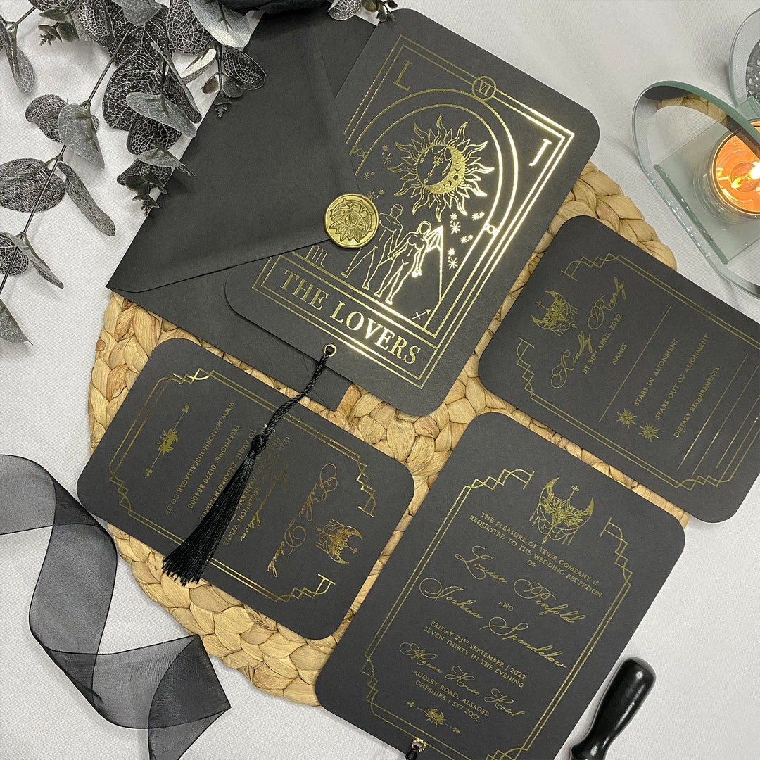 Wedding Invitation the Lovers Tarot Card Invite, Black, Gold Foil ...