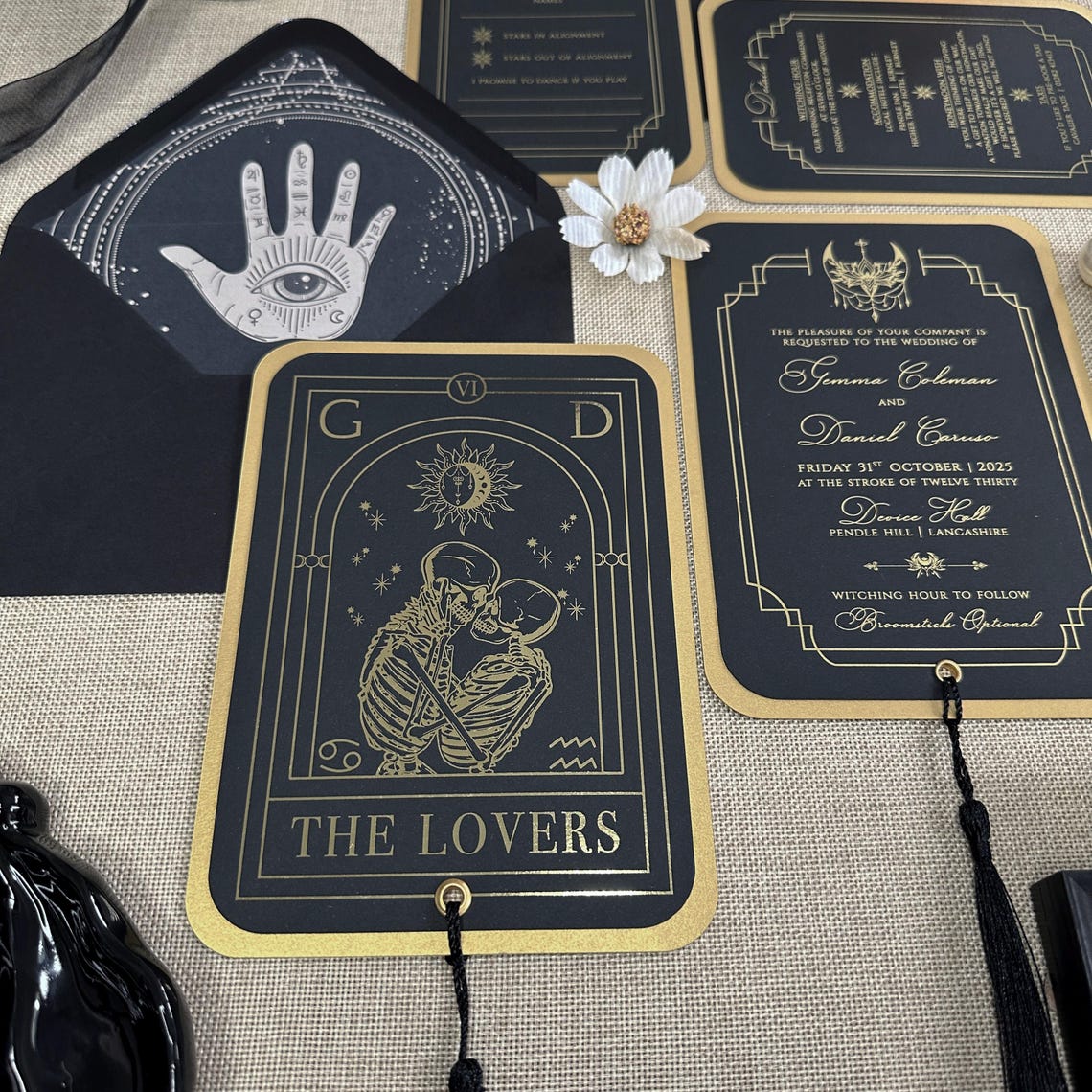 Wedding Invitation - the Lovers Tarot Card Invite, Black, Gold Foil ...