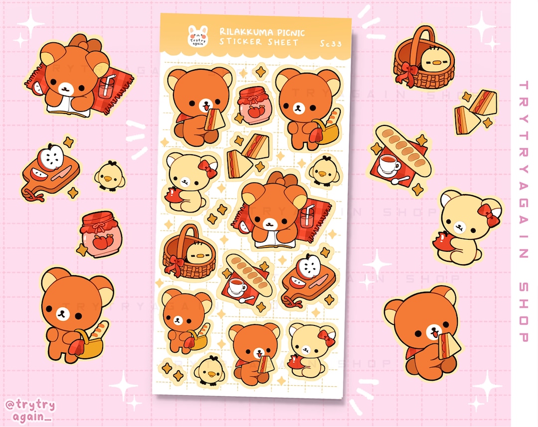 Picnic Bear and Chick Cute Kuma Sticker Sheet - Bujo Bullet Journal and ...