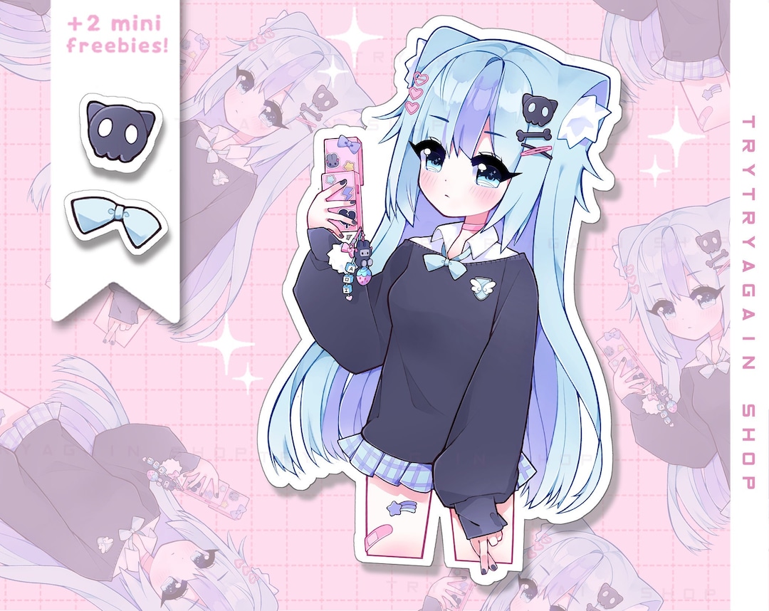 Aoi Cell Phone Neko Girl Vinyl Sticker Pack - Laminated Kawaii Stickers ...