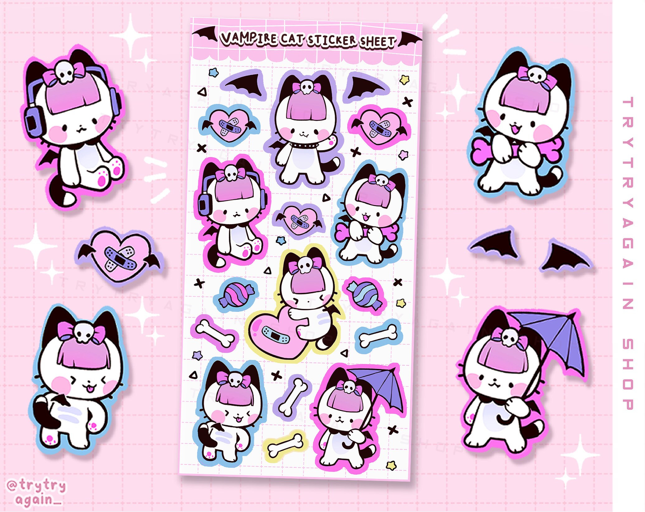Grunge Vampire Cat Glossy Sticker Sheet Cute & Kawaii Punk - Etsy
