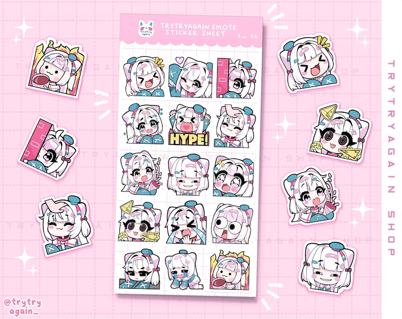 Trytryagain Chibi Vtuber Emote Sticker Sheet - Bujo Bullet Journal and ...