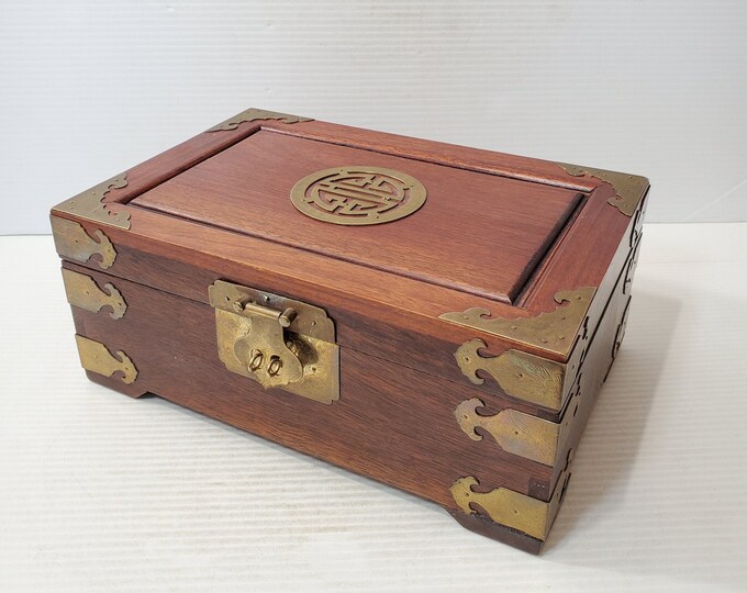 Vintage Chinese Wooden Jewelry Box, Ornate Brass Accents, Carved ...