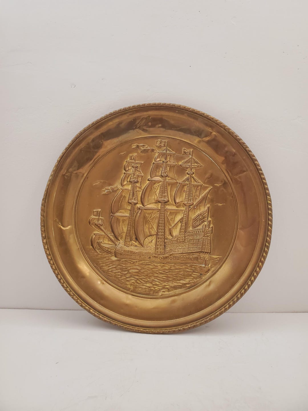 Vintage MCM Nautical Brass Tray Decorative Plate Pirate Ship Ocean ...