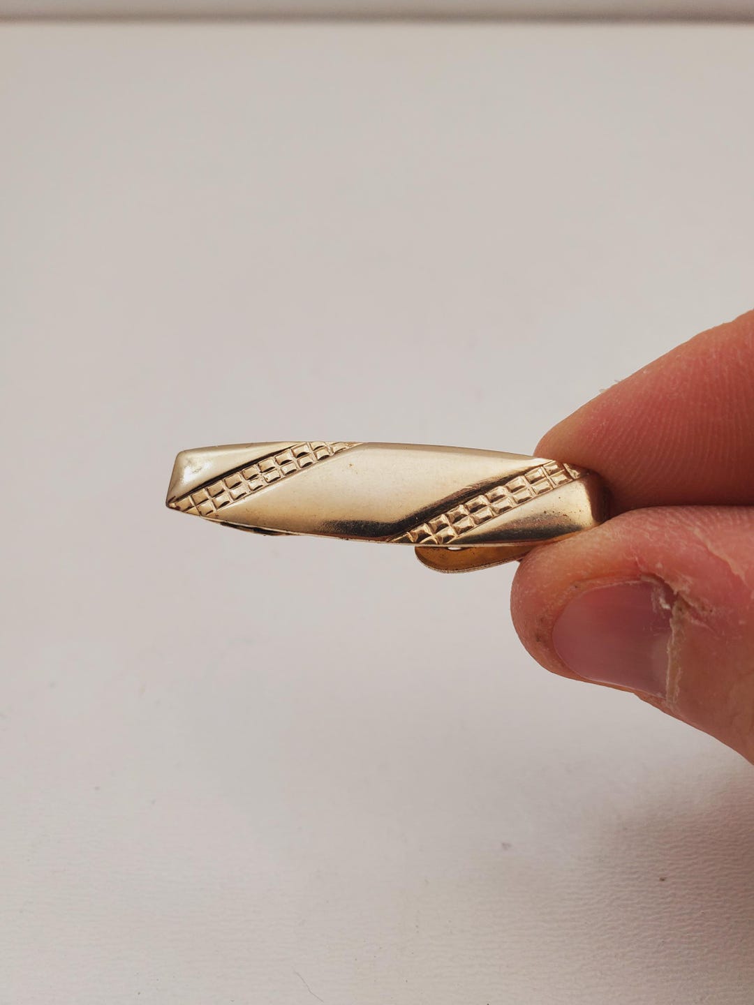Waffle Texture Double Diagonal Lines Tie Clip Bar Gold Tone Vintage Men ...