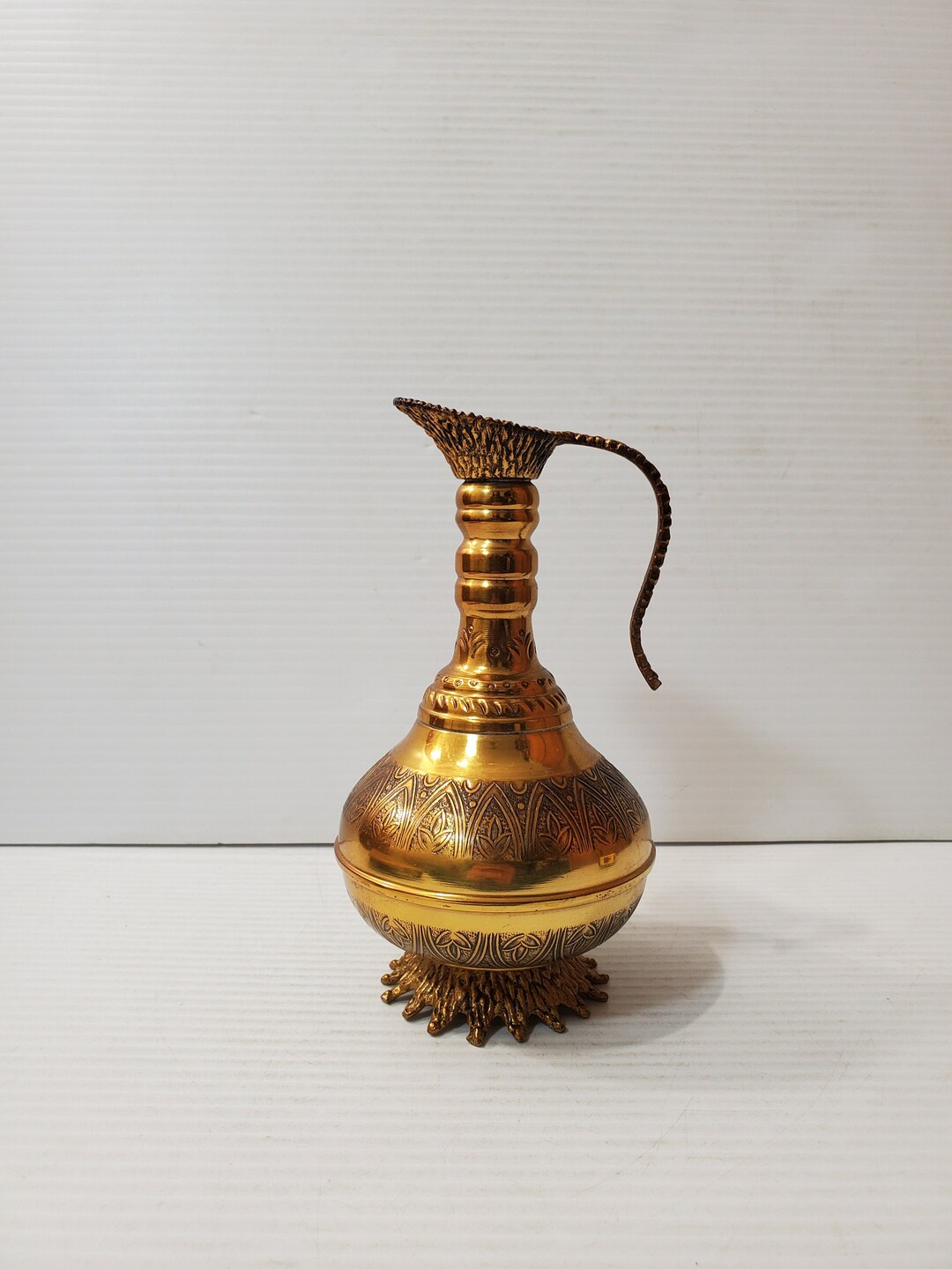 Vintage Brass Jerusalem Menorah Oil Pitcher, Etched Brass Vase Pitcher ...