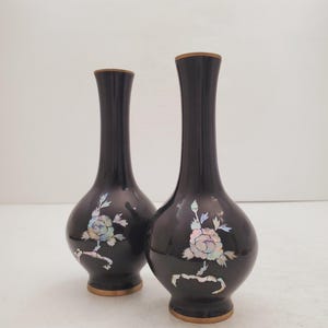 Vintage Black Enameled Bronze Vase With Pearl Decoration, Black Lacquer ...