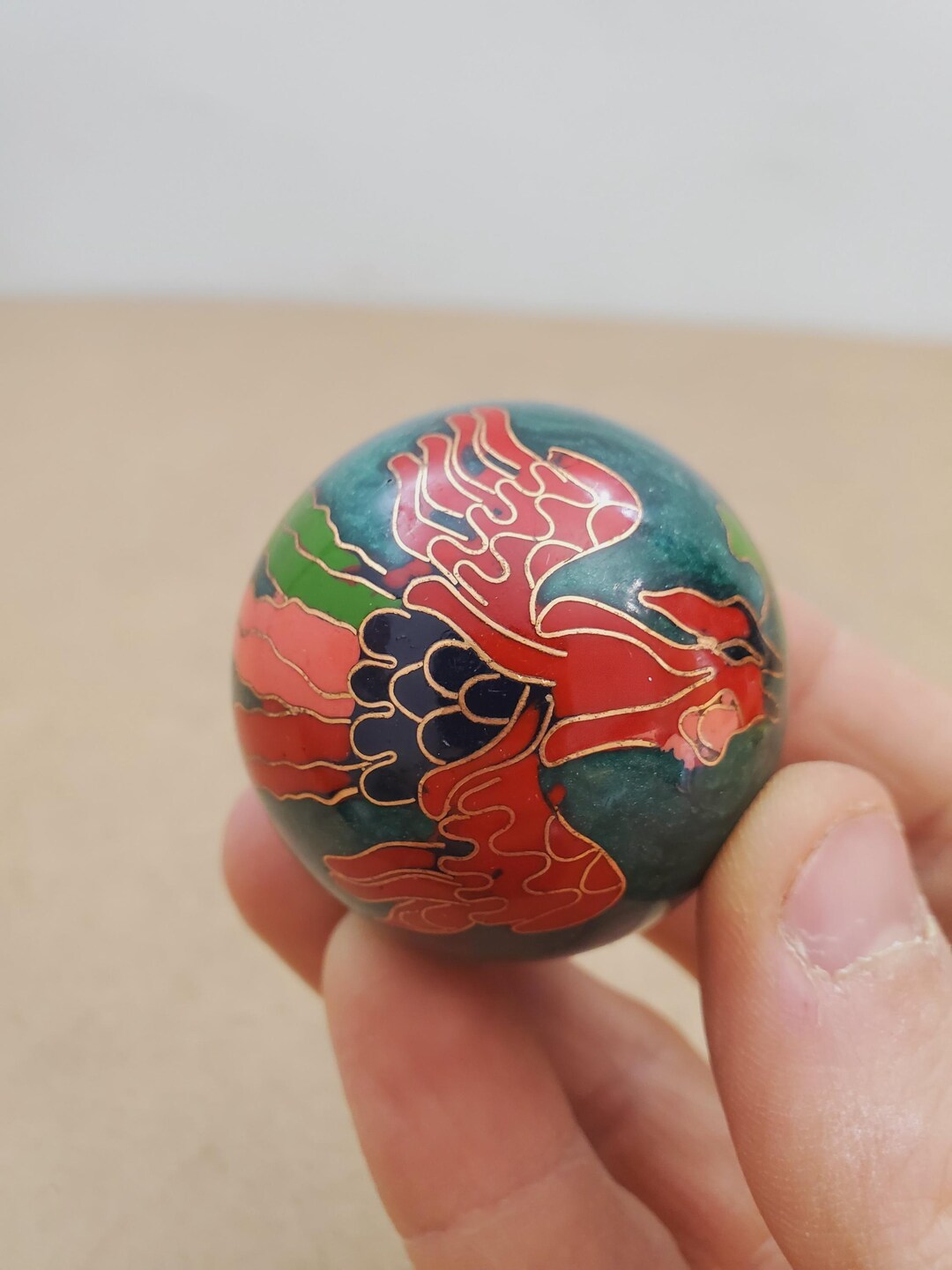 Vintage Chinese Cloisonne Baoding Ball: Dragon Phoenix Enamel Stress ...