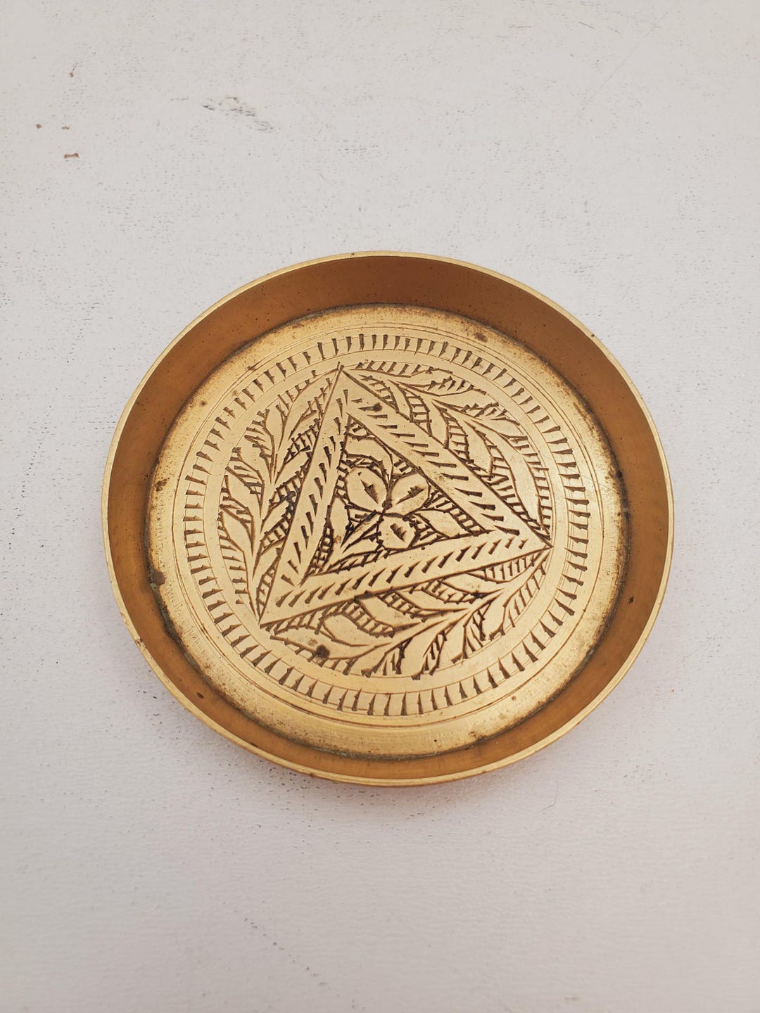 Vintage Brass Plate,small Brass Plate, Carved Trincket Plate, Carved ...