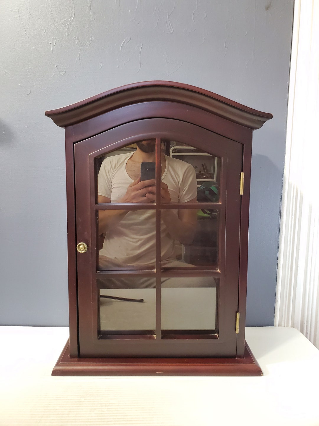 Vintage Wood Glass Cabinet, Trinket Display Case, Wall Mounted, Three ...