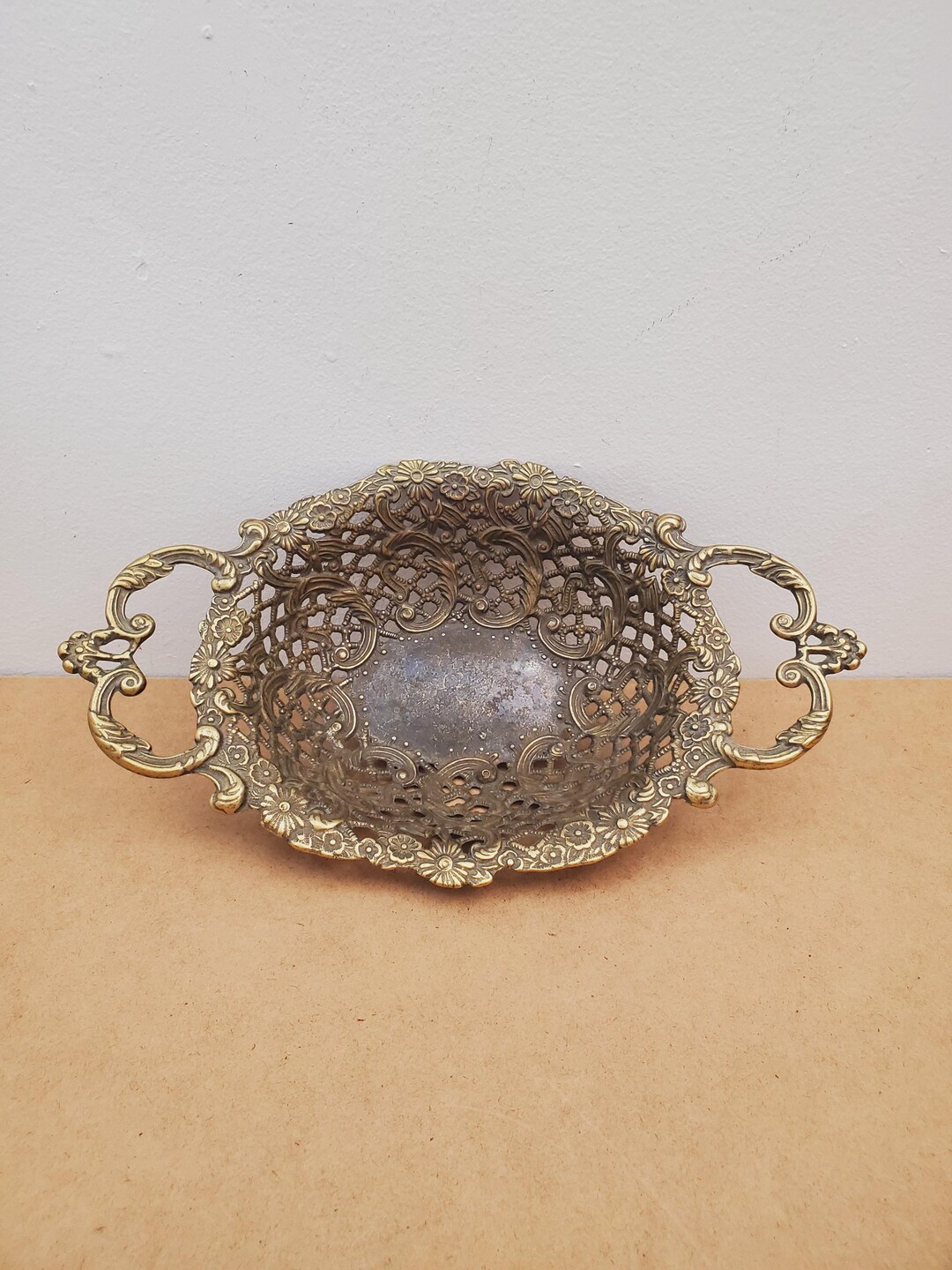 Vintage Italian Filigree Brass Bowl Ornate Basket With Handles. Floral ...