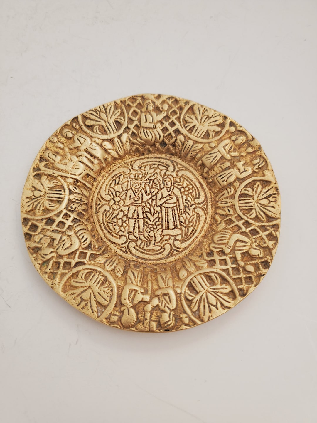 Vintage Brass Plate,small Brass Plate, Carved Trincket Plate, Carved ...