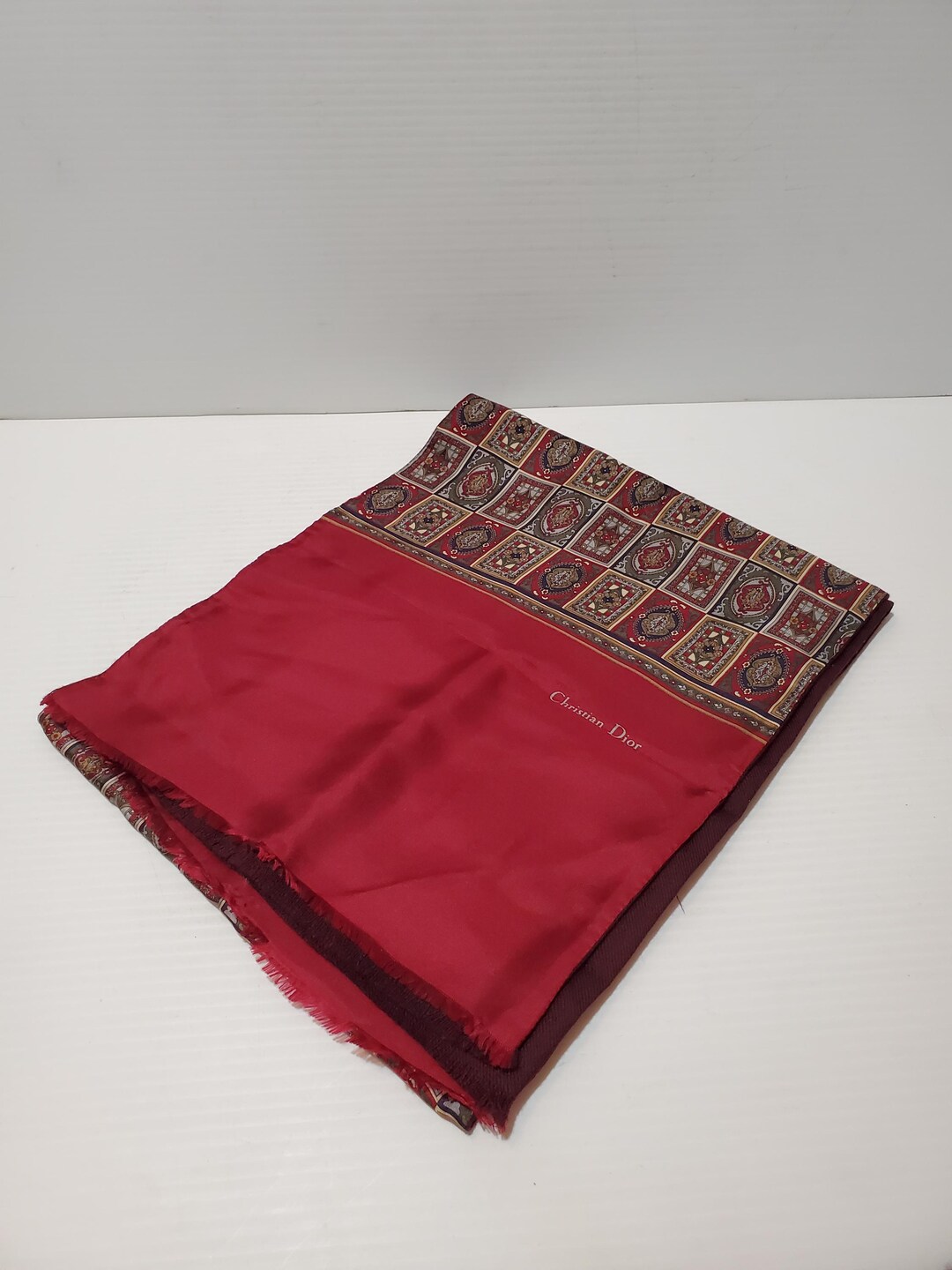 Red Silk Scarf Christian Dior Medallion Print Paisley Border Lined Red ...