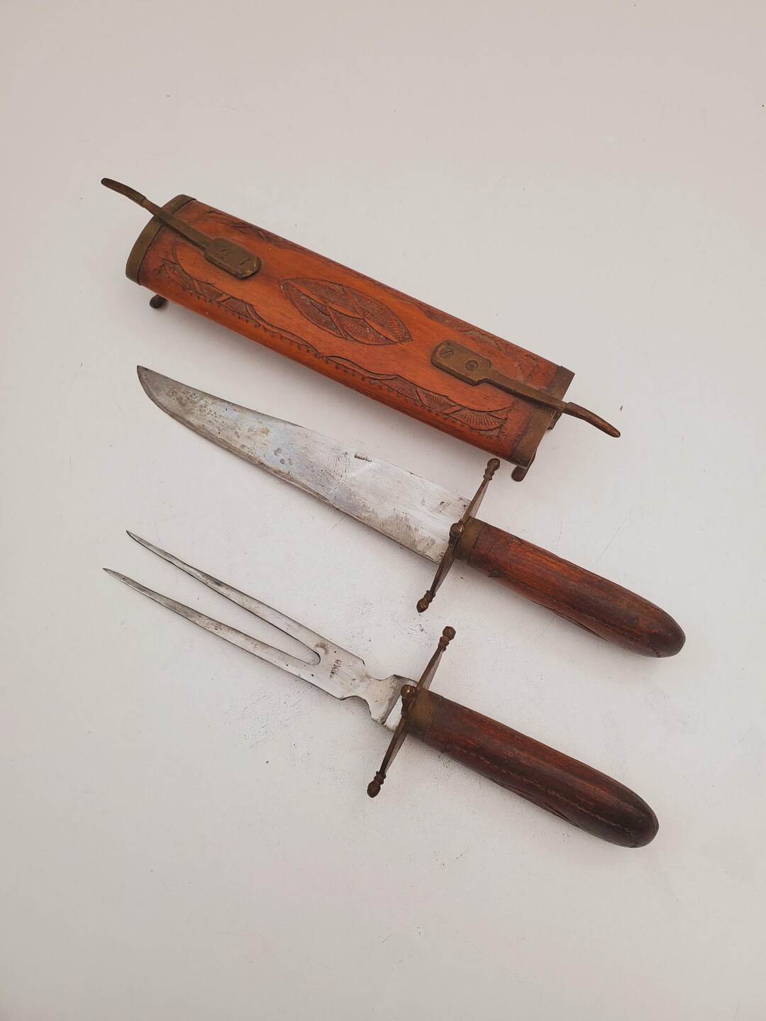 Vintage Fork and Knife Set in a Handmade Carved Wooden Display With ...