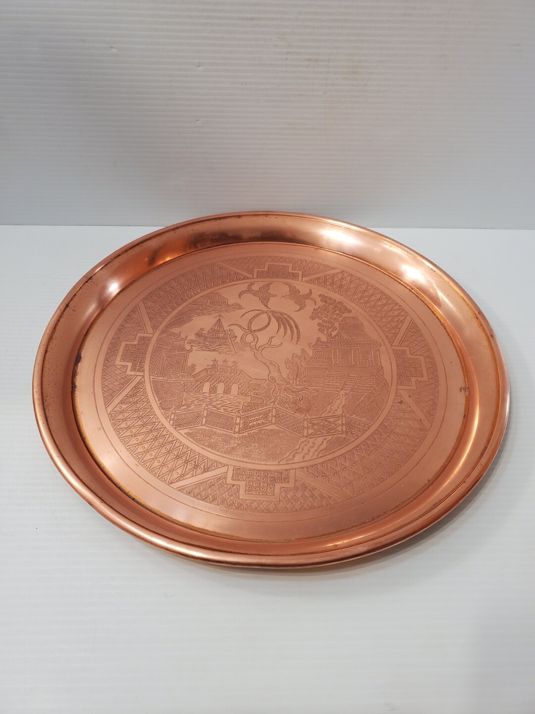 Vintage Asian Copper Tray | Heavy | Etched Floral Pattern | Birds ...