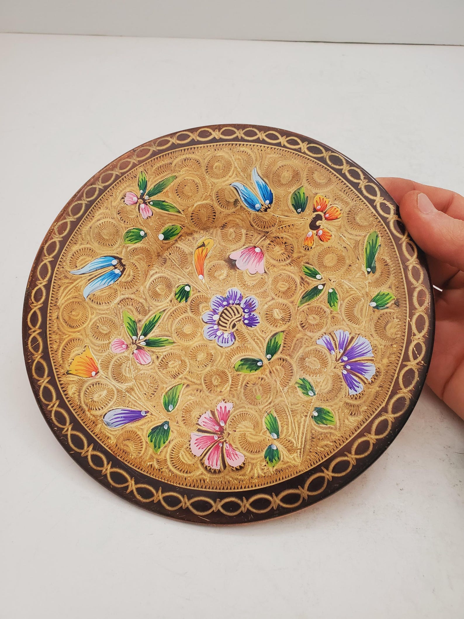 Vintage Brass Plate,small Brass Plate, Carved Trincket Plate, Carved ...