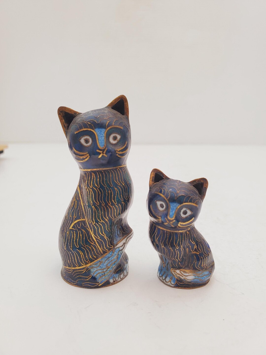 Vintage Cloisonné Cat Statuettes Cobalt Blue Mini Cats Miniature Cat ...