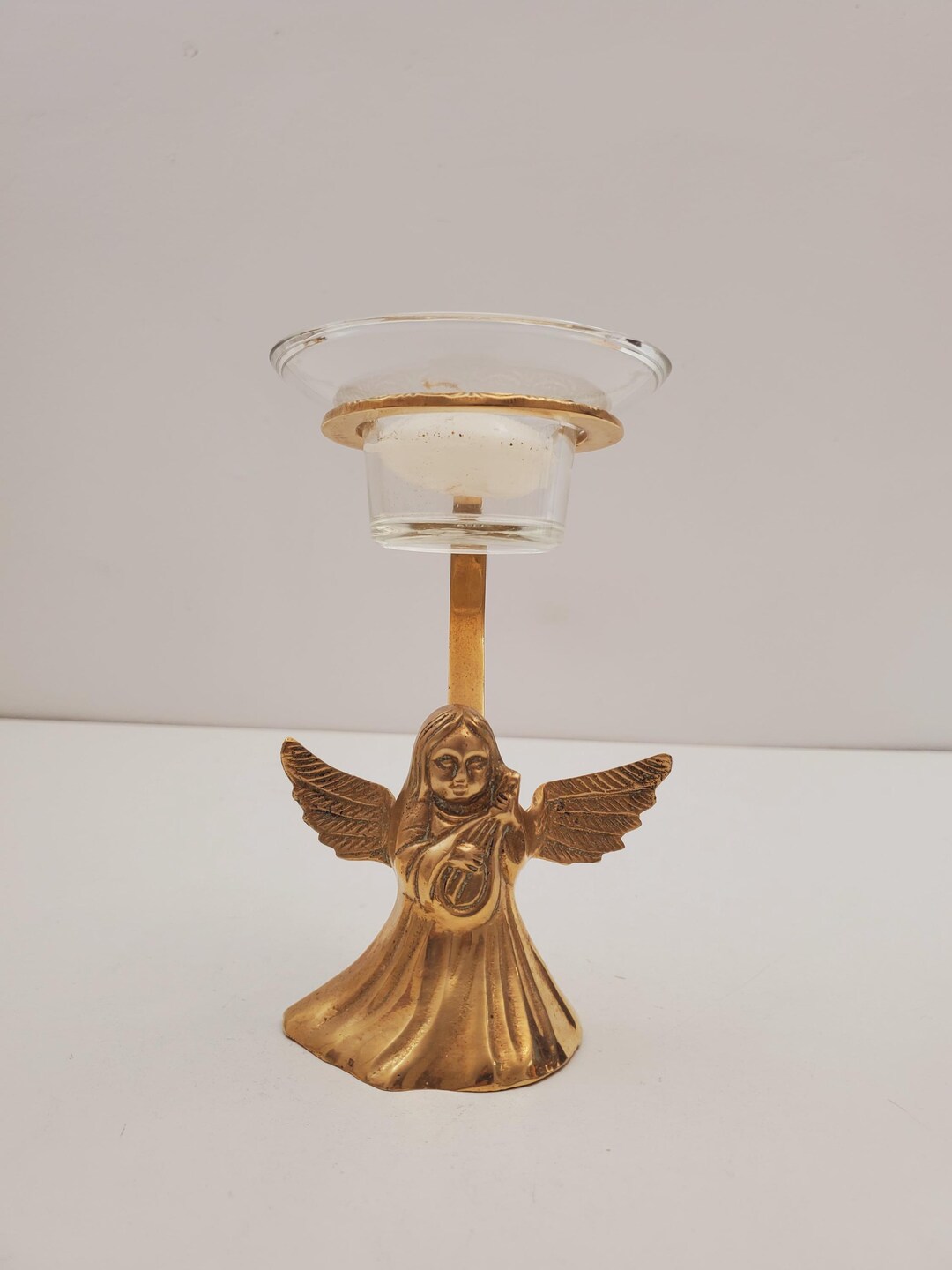 Vintage Brass Angel 2pc Glass Container Tea Light Votive Candle Holder ...