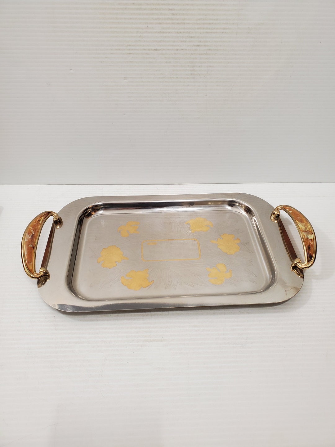 Vintage Italy Handled Inox Tray With Gold 24k Floral Design Signed ...