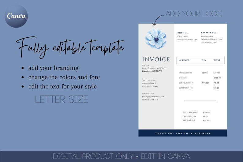 EDITABLE Modern Invoice Template for Mental Health Therapists ...