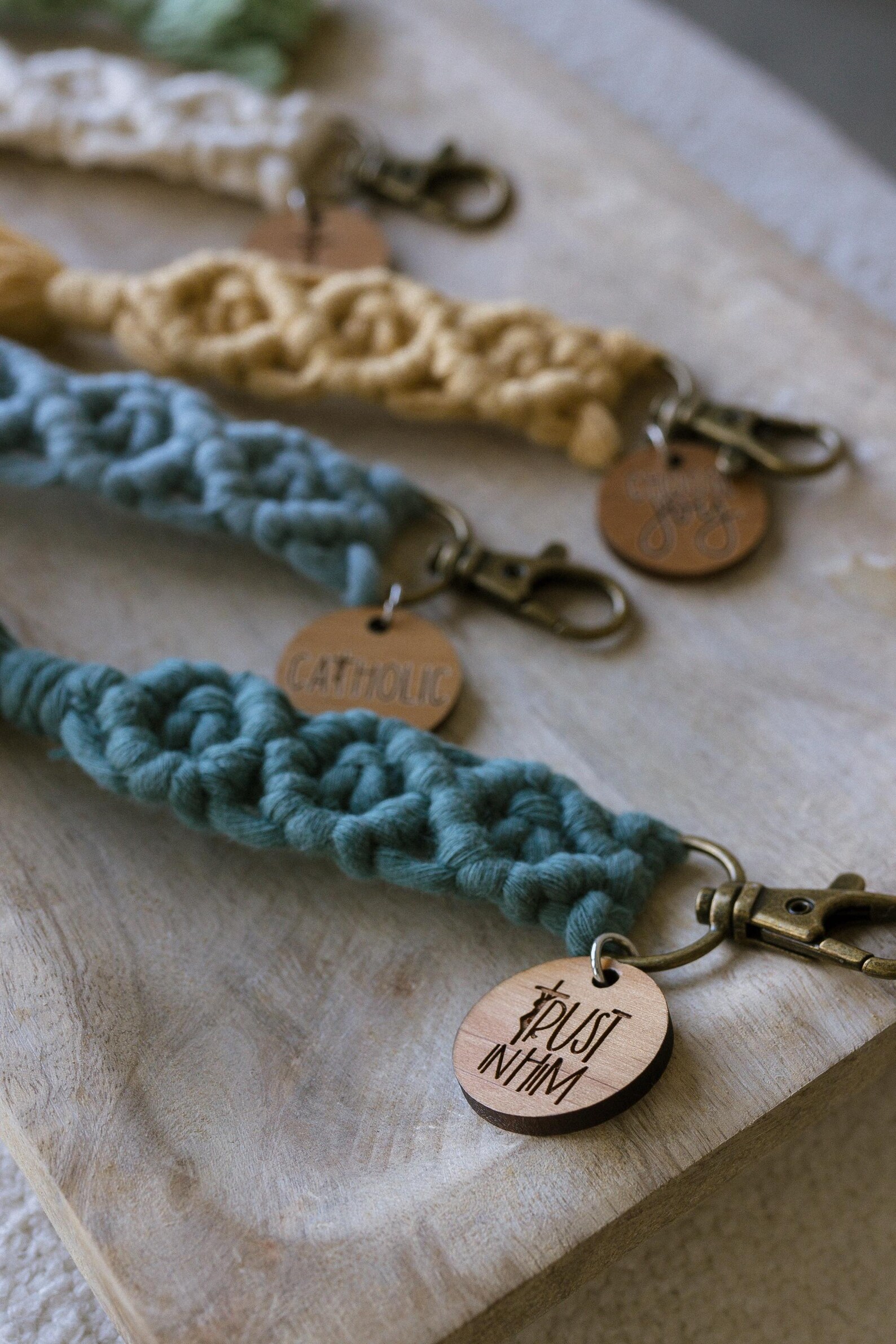Catholic Macrame Keychain With Wood Attachment | Catholic Saint Quote ...
