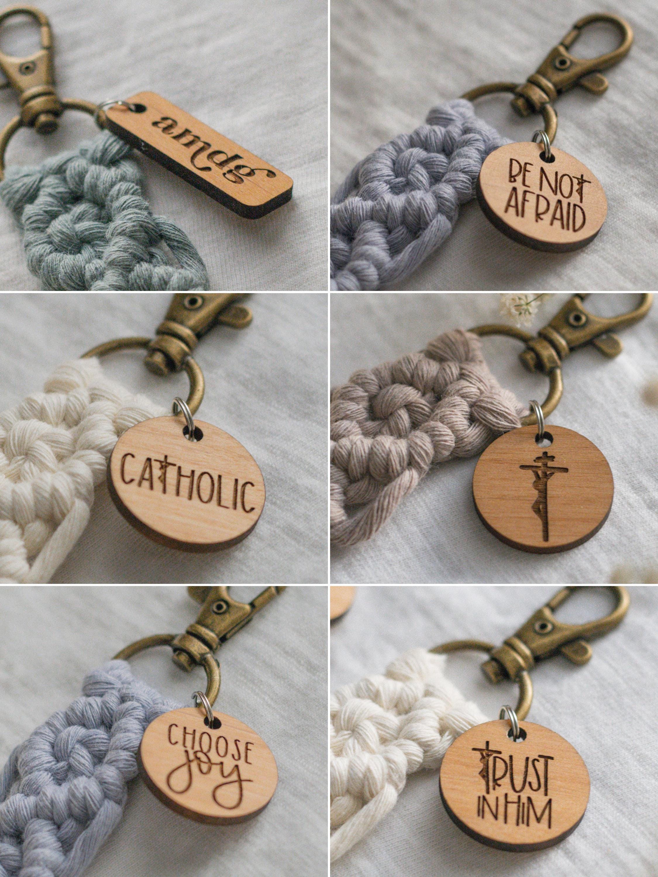 Catholic Macrame Keychain With Wood Attachment | Catholic Saint Quote ...