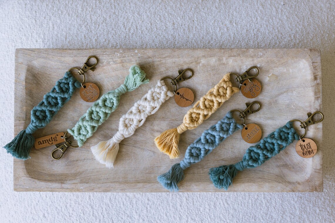 Catholic Macrame Keychain With Wood Attachment | Catholic Saint Quote ...