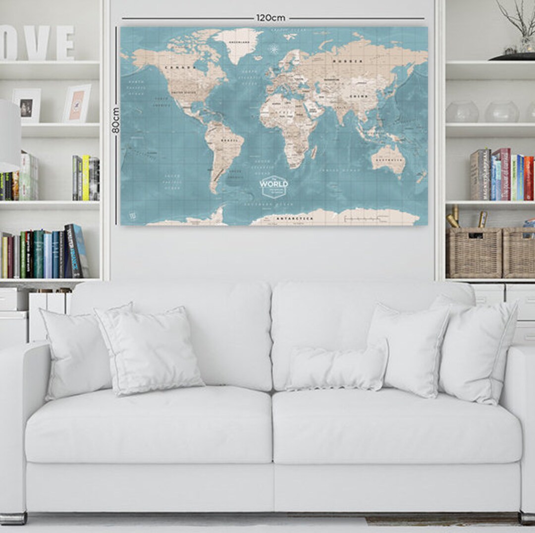 World Map Printed on Canvas : Pinable Map, Carte Du Monde Sur Toile ...