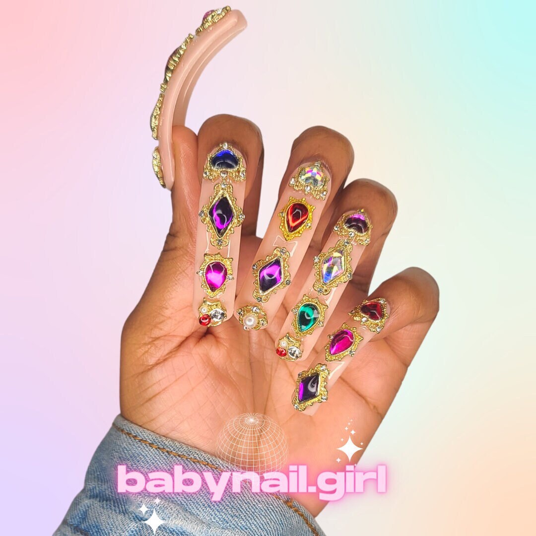 3D Multicolor Gem Press on Nails | Queenly - Etsy