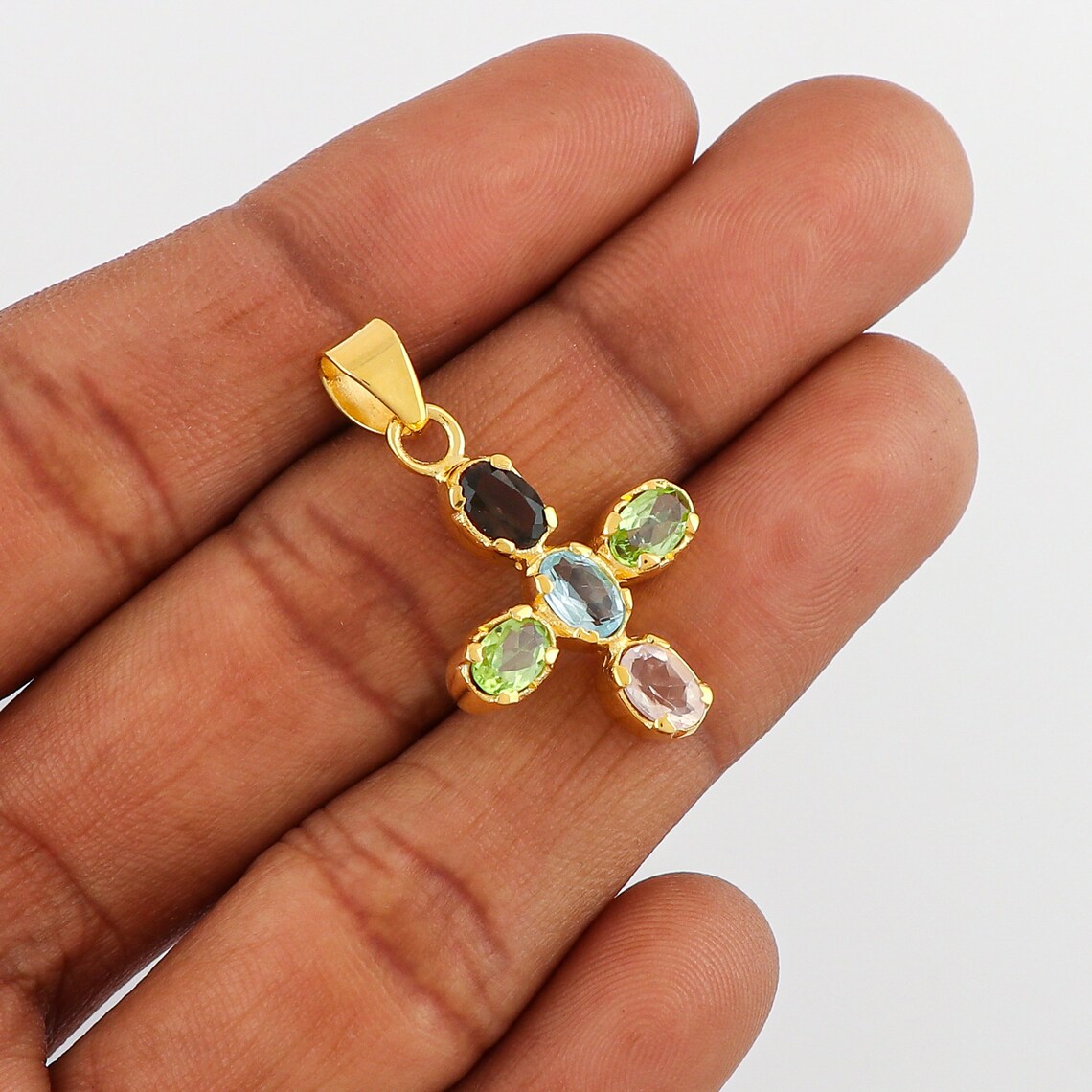 Natural Multi Gemstone Pendant Necklace, 925 Sterling Silver, Gold ...