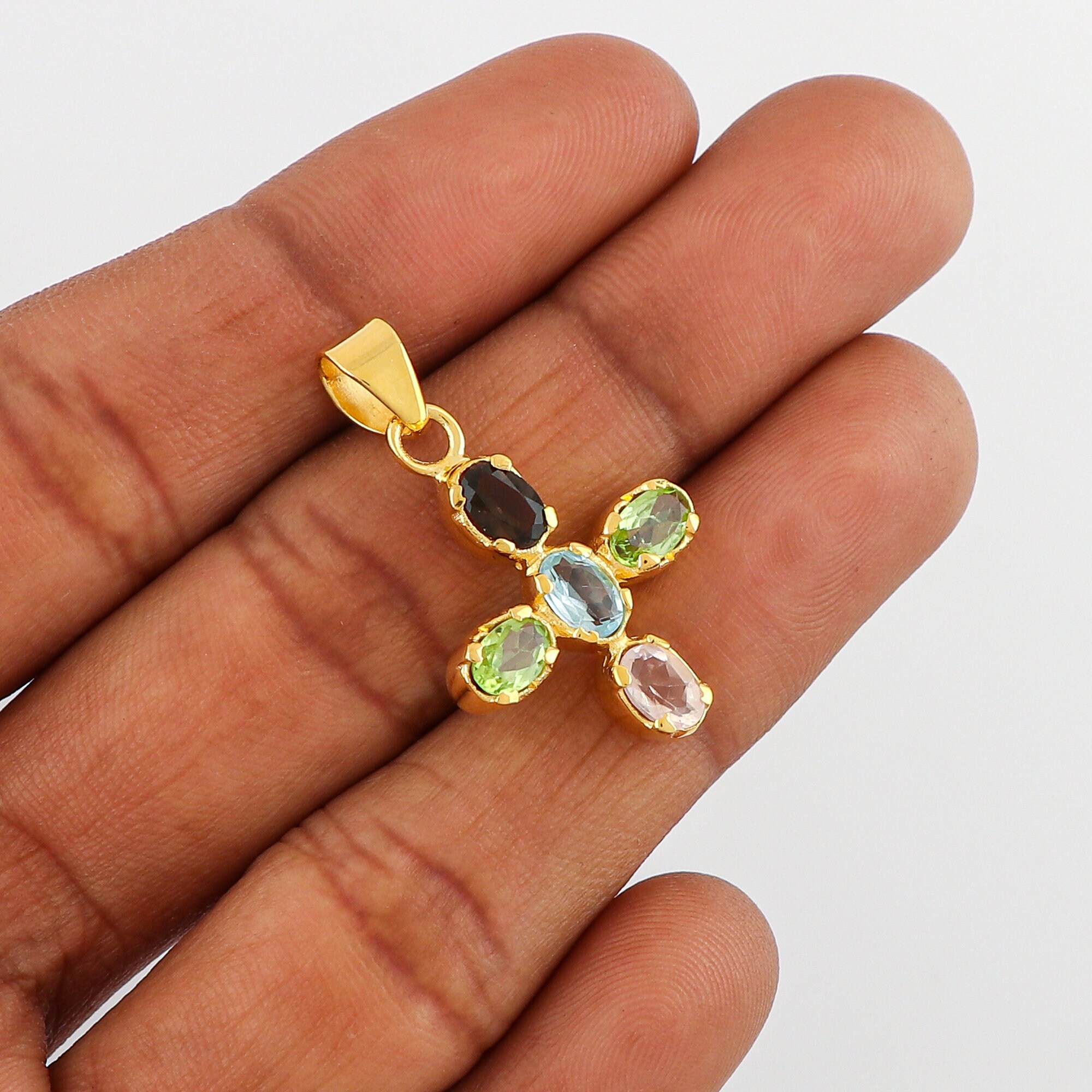 Natural Multi Gemstone Pendant Necklace, 925 Sterling Silver, Gold ...