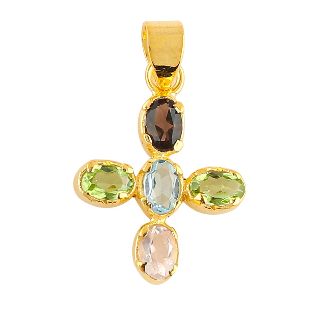 Natural Multi Gemstone Pendant Necklace, 925 Sterling Silver, Gold ...