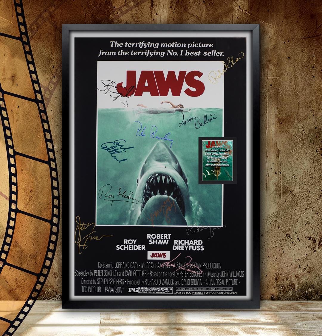 Jaws (1975) , Autographed and High-quality Reproduction Movie Poster ...