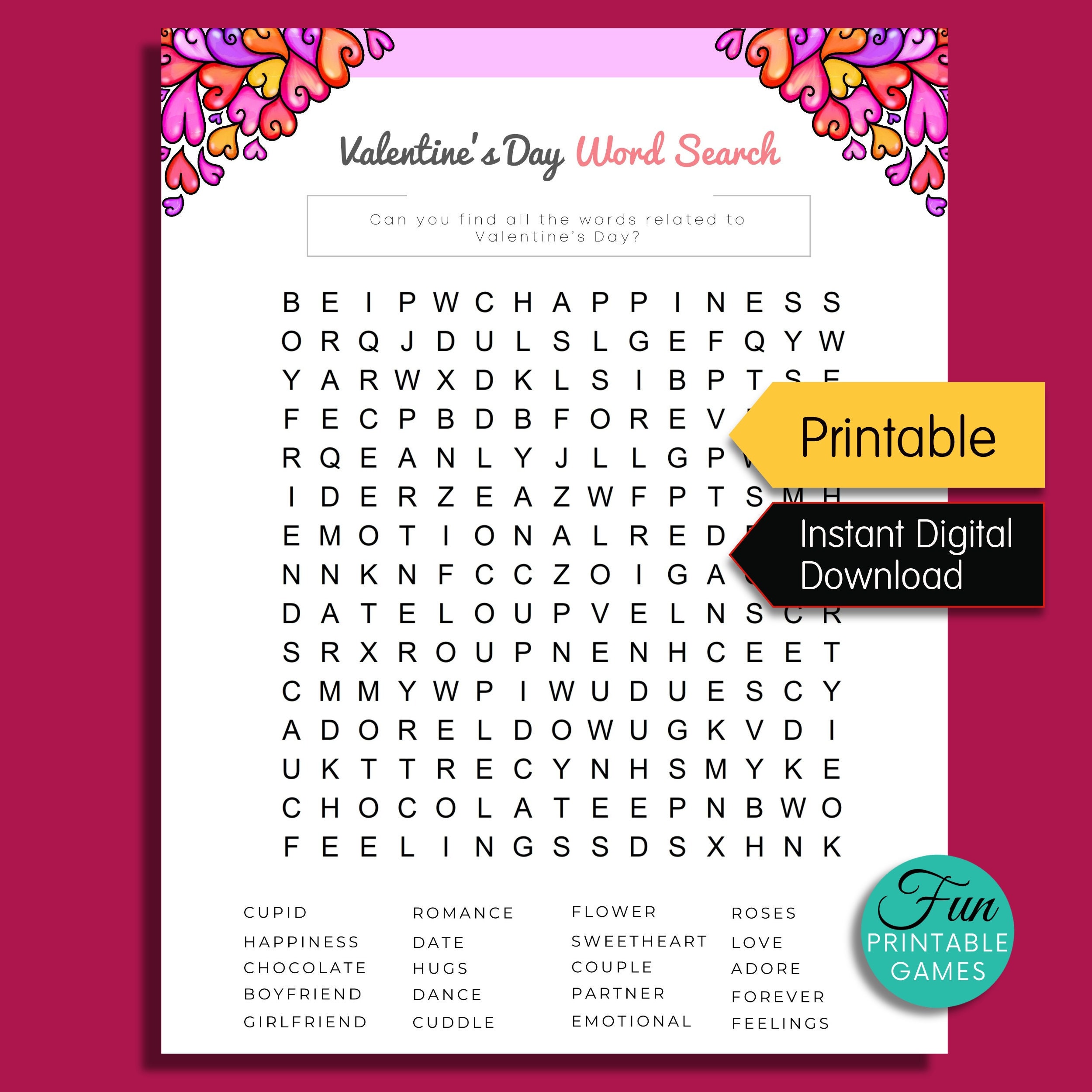 Valentine's Day Word Search Printable Game Valentines - Etsy España