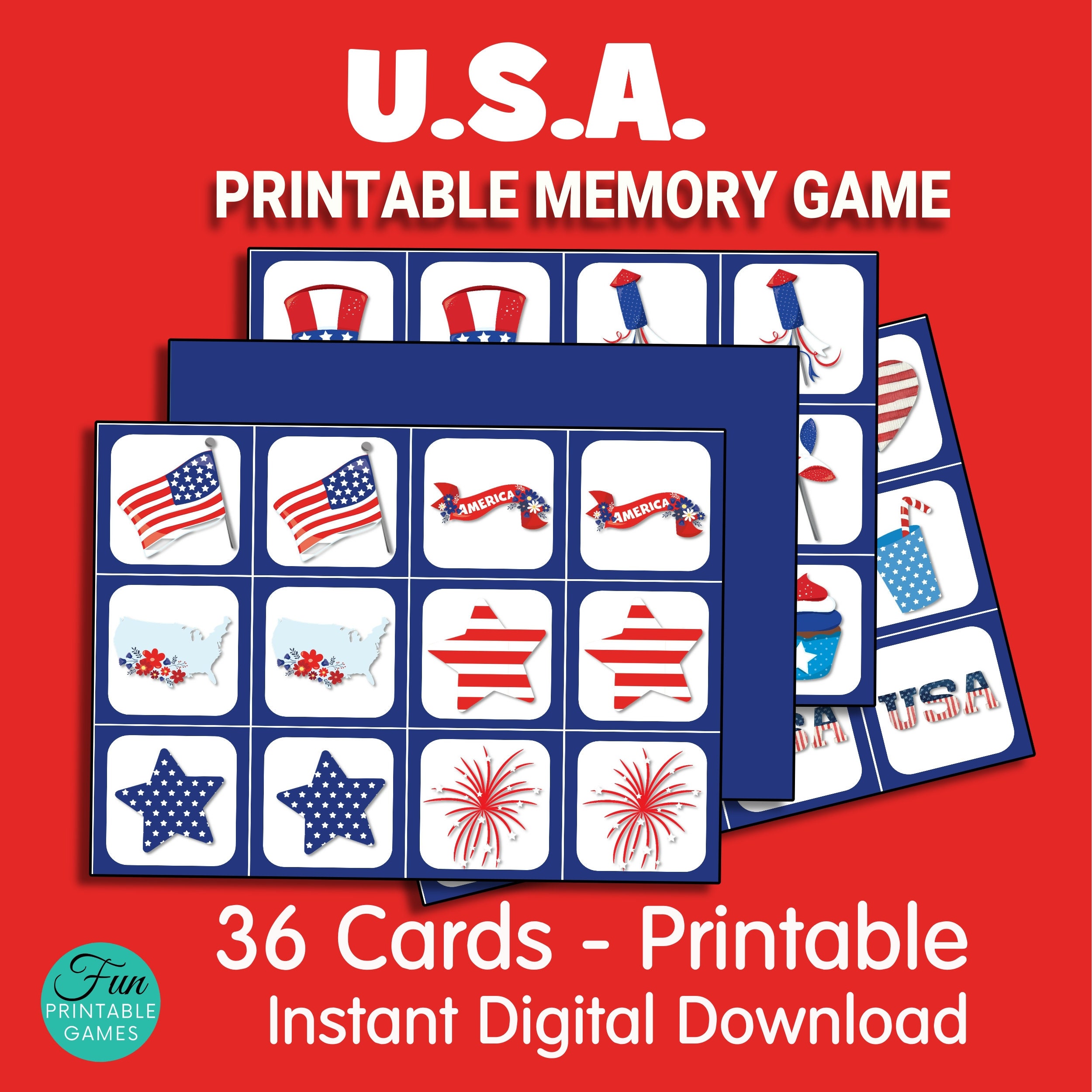 Fourth of July Party Game, USA Patriotic Memory Cards Game, Printable ...