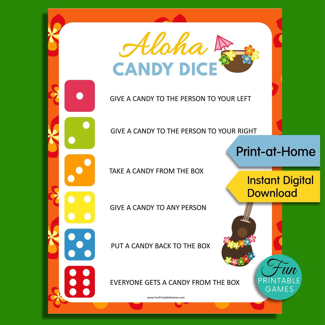 Hawaii Theme Candy Dice Game Printable, Luau Hawaiian Birthday Party ...