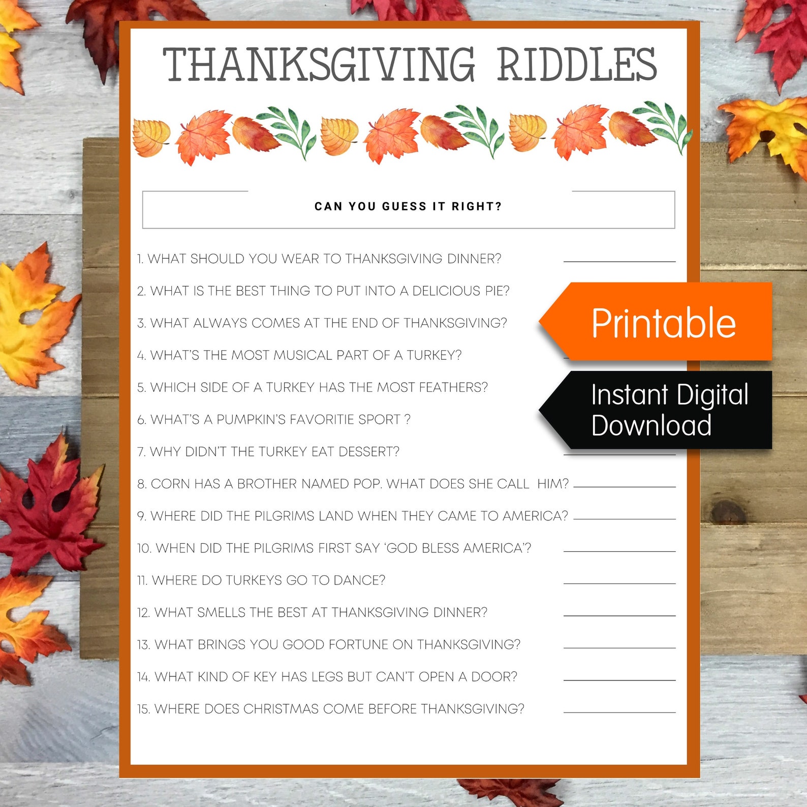 Thanksgiving Riddles Printable Game With Answer, Thanksgiving Dinner ...