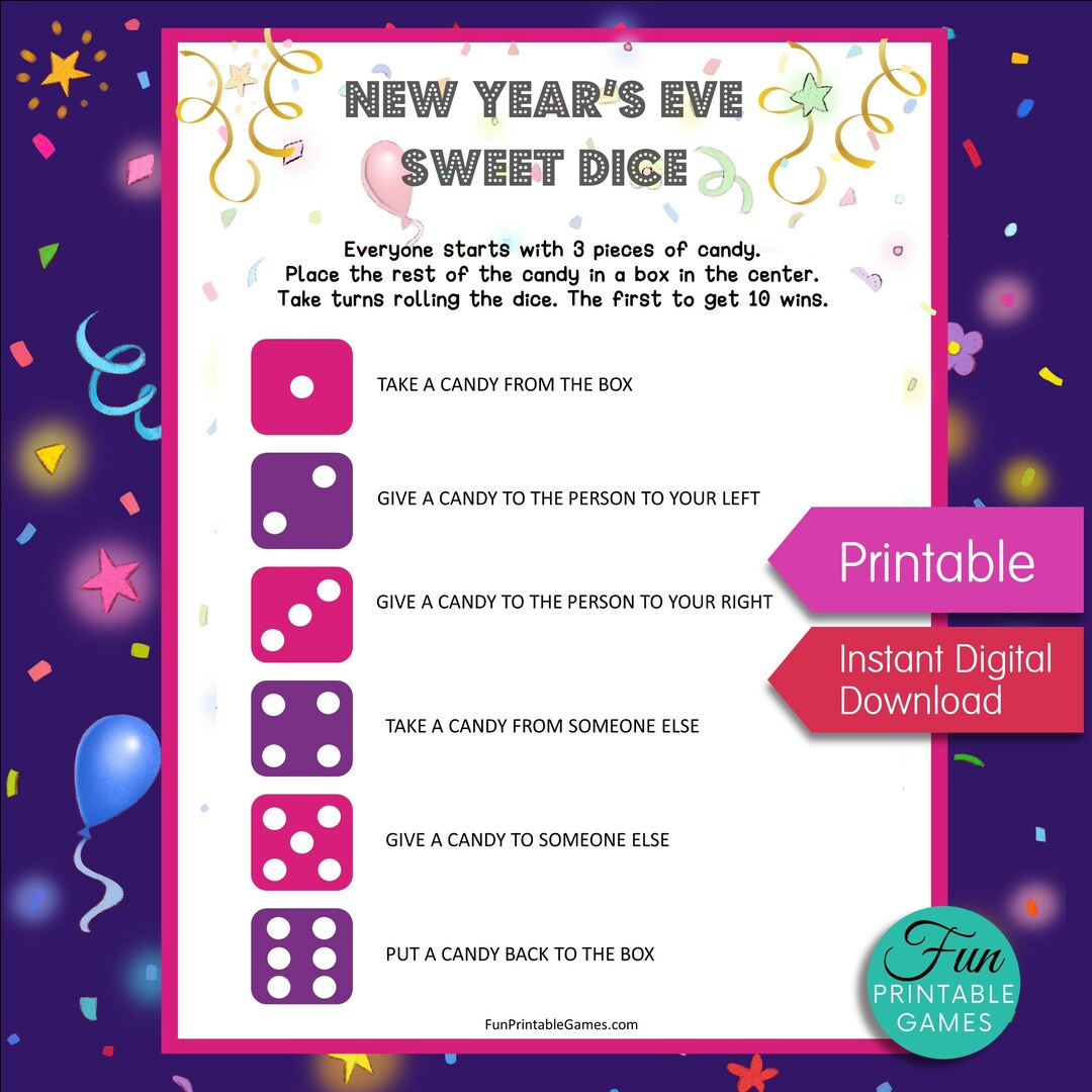 New Years's Eve Sweet Dice Game NYE Candy Dice Game NYE Printable Game ...