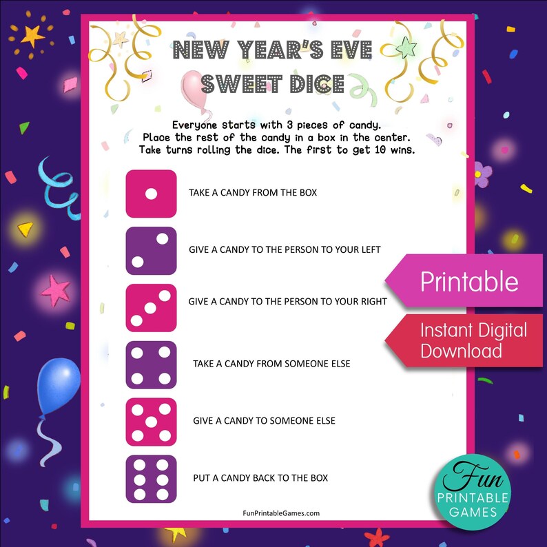 New Years's Eve Sweet Dice Game NYE Candy Dice Game NYE Printable Game ...
