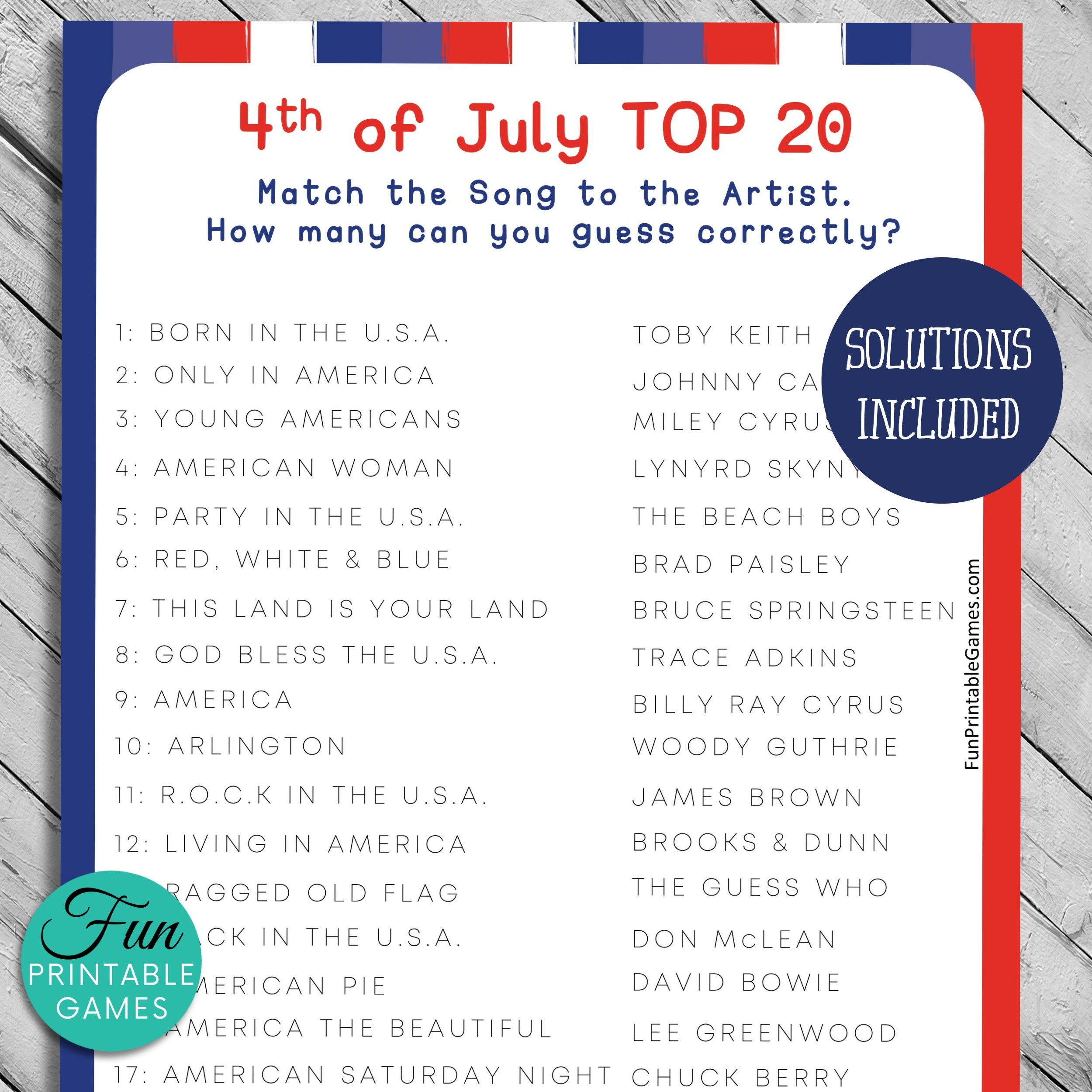 4th of July Top 20 American Music Trivia USA Independence Day Printable ...