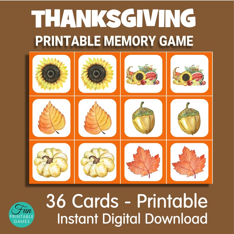 Thanksgiving Memory Cards Game, Thanksgiving Dinner Party Game ...