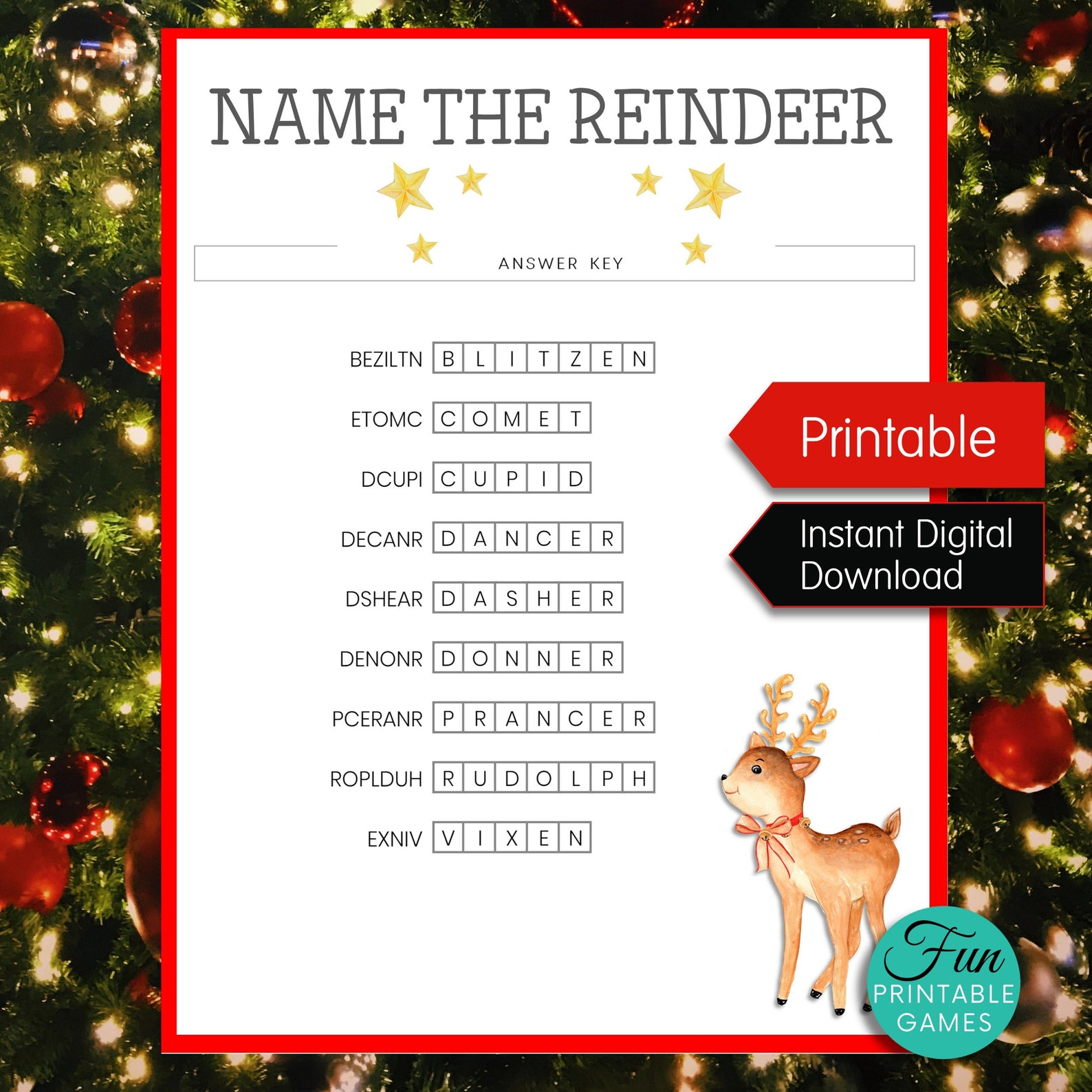 Christmas Word Scramble Puzzle Printable With Answer Name the Reindeers ...