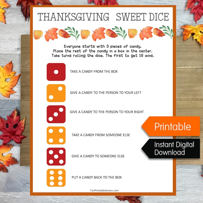 Thanksgiving Sweet Dice Game Thanksgiving Candy Dice Game Thanksgiving ...