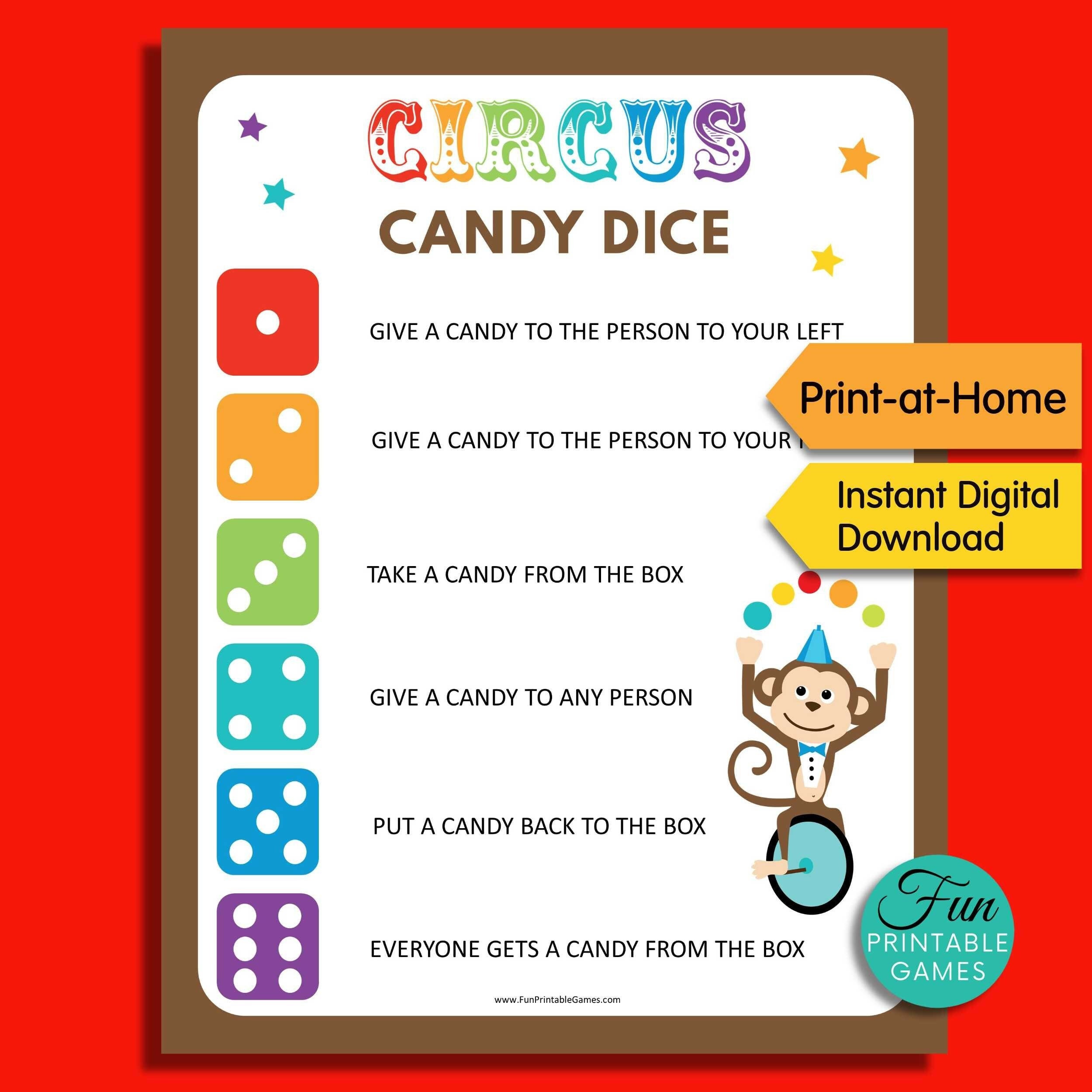 Circus Theme Candy Dice Game Printable, Circus Theme Birthday Party ...