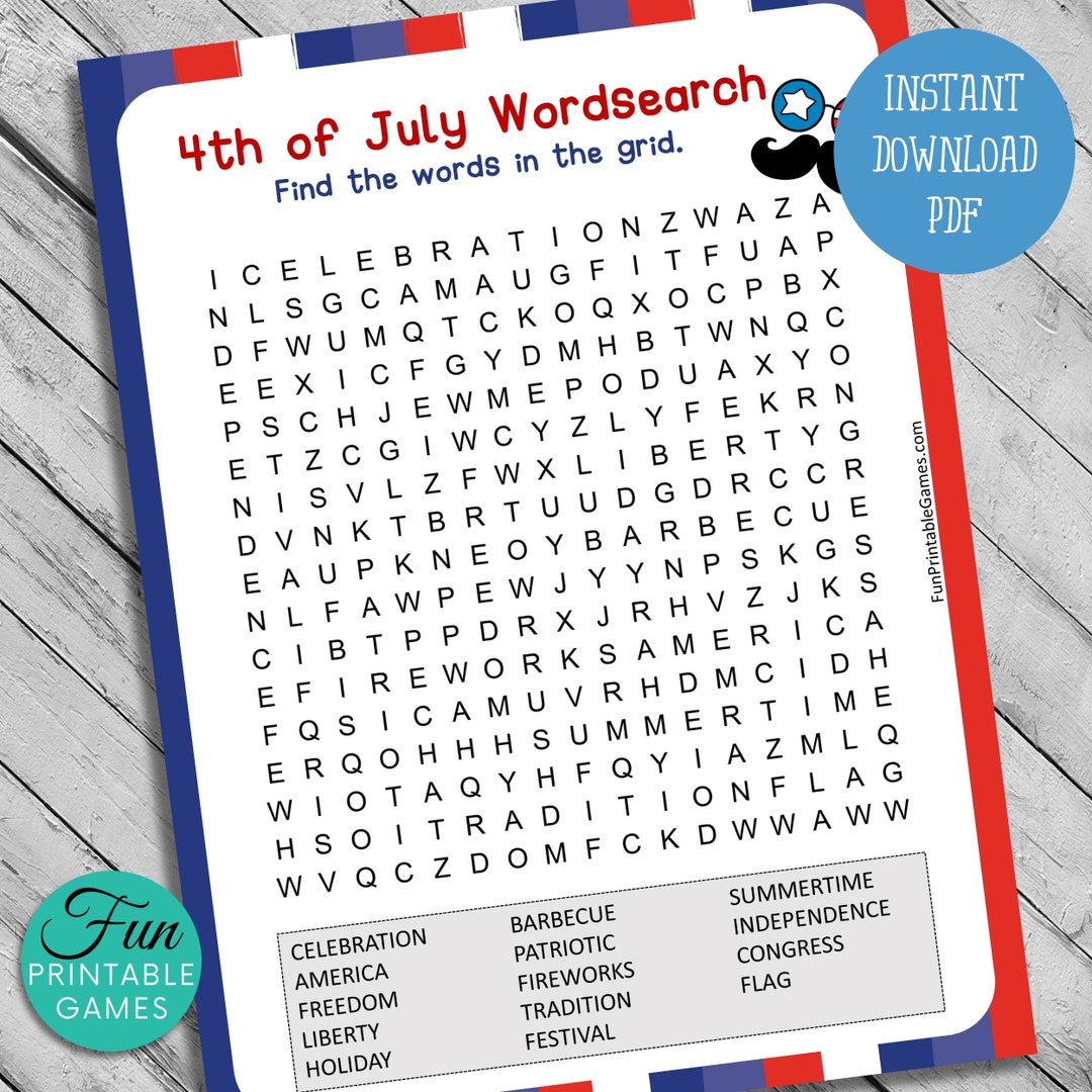 4th of July Wordsearch Puzzle USA Independence Day Printable Game for ...