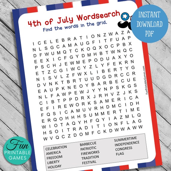 4th of July Wordsearch Puzzle USA Independence Day Printable - Etsy